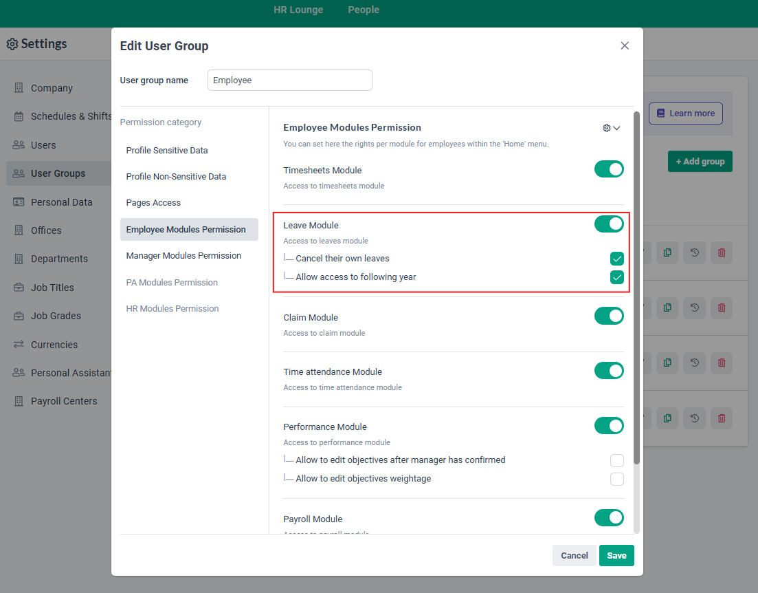 How to Enable User Group Access for Employee Modules Permission (Leave)