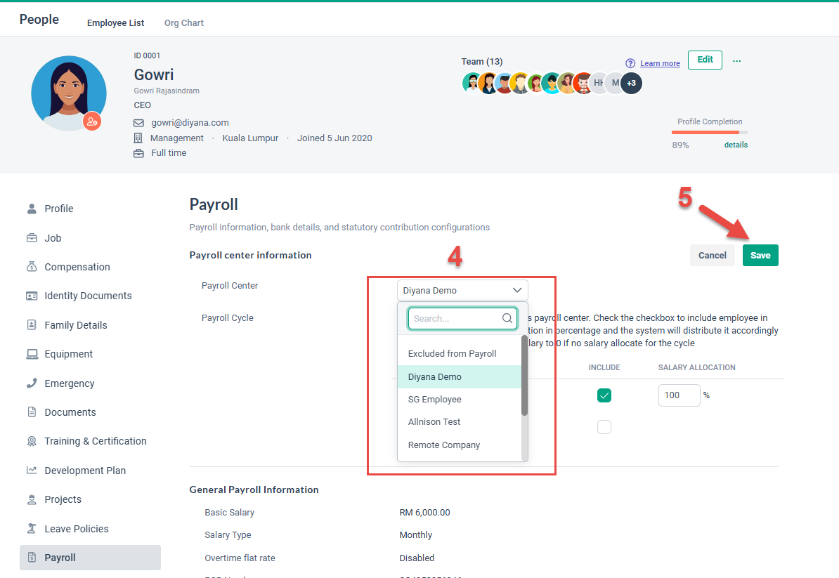 How to change payroll center for employee (by HR/Admin)
