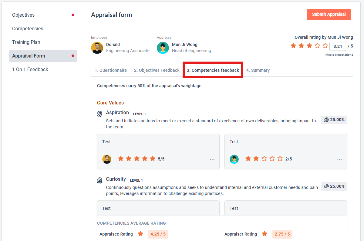 Fill in and submit appraisal form on behalf of employee and manager/appraiser