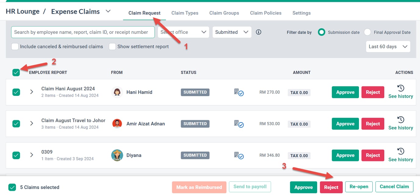 How to approve, reject, reopen, cancel claims in bulk as HR