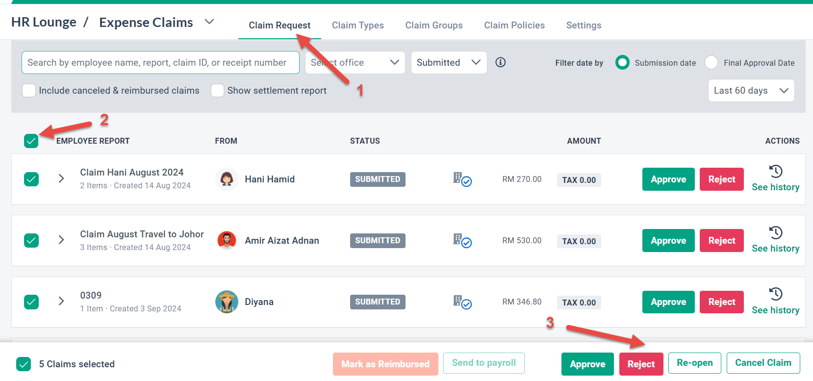 How to approve, reject, reopen, cancel claims in bulk as HR