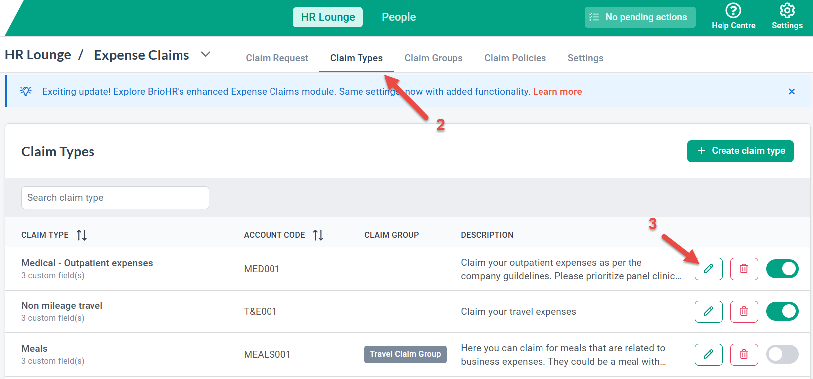 Edit, Delete, or Disable Claim Types in BrioHR Expense Claims Module
