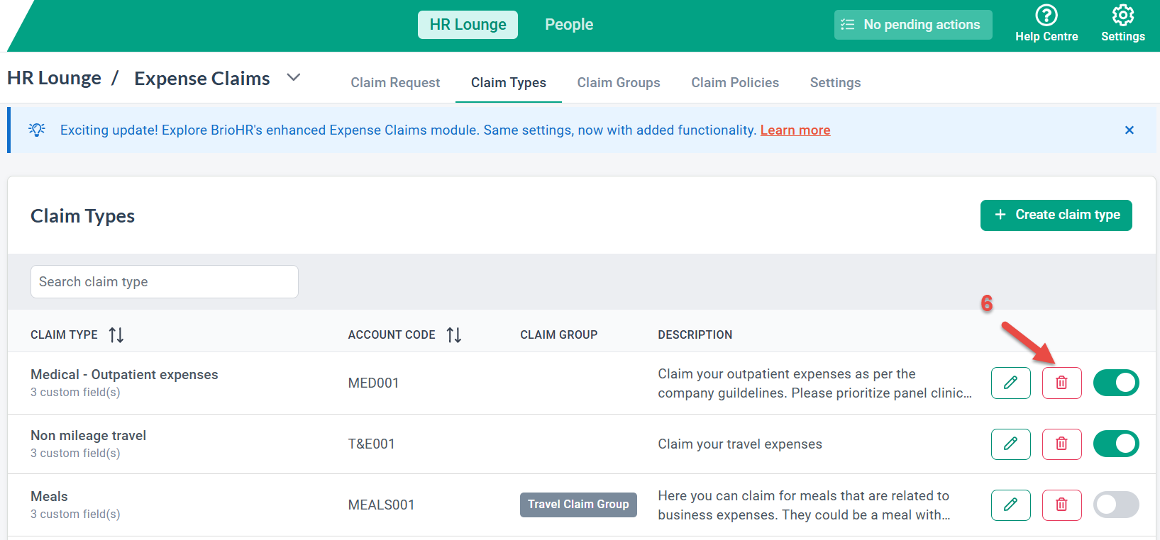Edit, Delete, or Disable Claim Types in BrioHR Expense Claims Module