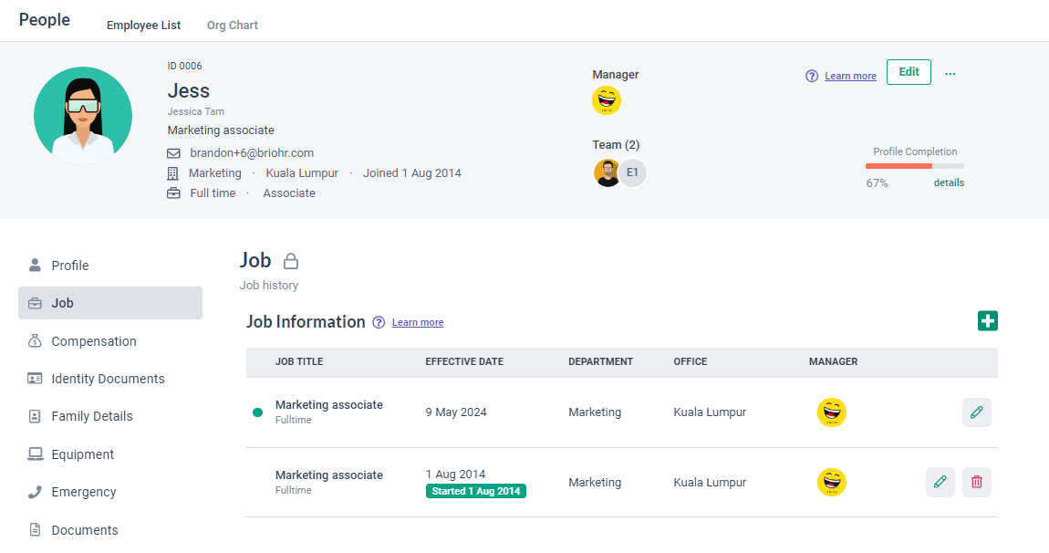 Editing Past Job Dates and Managing Job History in BrioHR